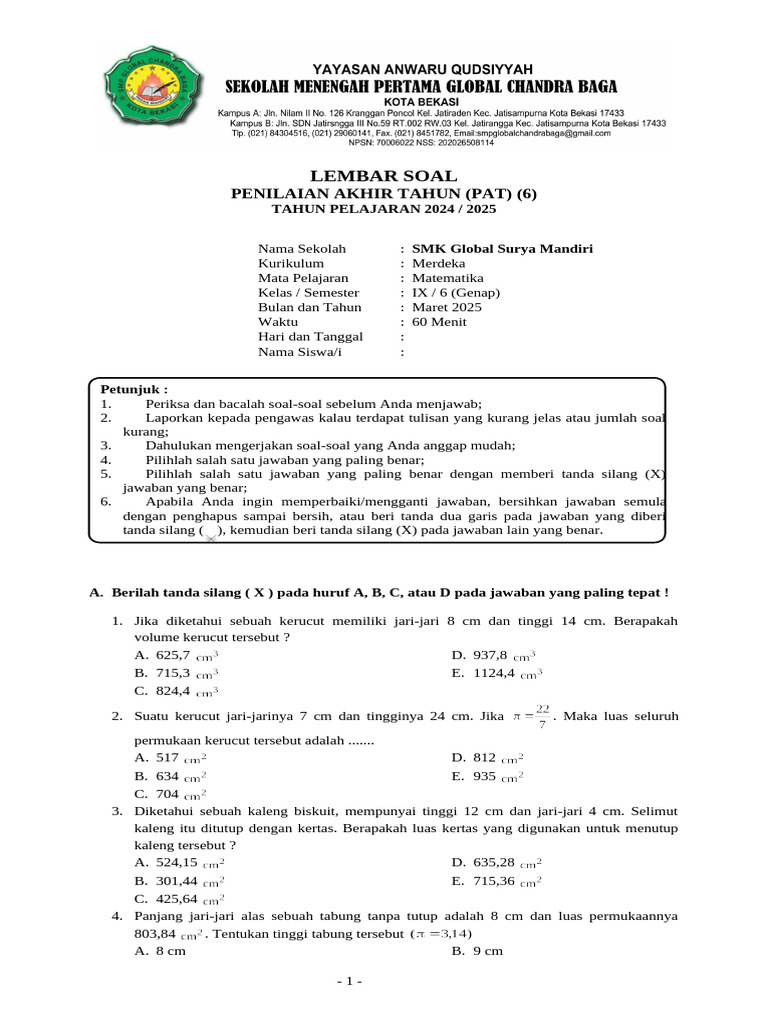 Soal Ujian PAS SMT Genap (6) MTK Kelas 9 + Kunci Jawaban | PDF