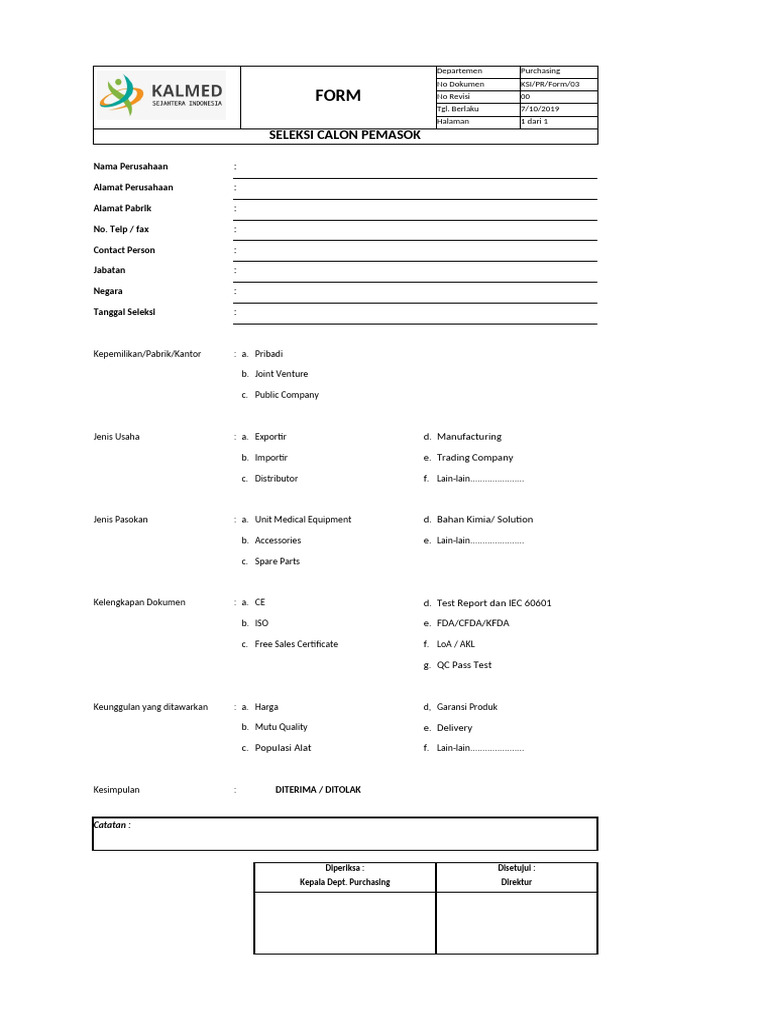 KSI-PR-Form-03 Seleksi Calon Pemasok | PDF