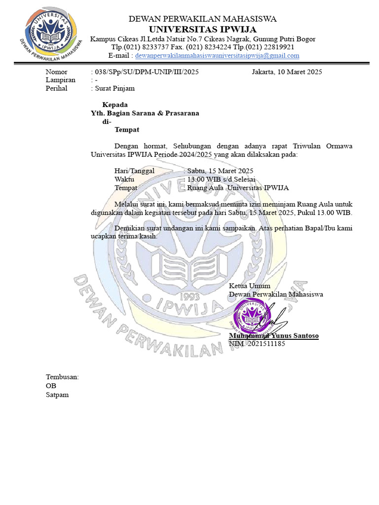Surat Pinjam Ruang Aula IPWIJA | PDF