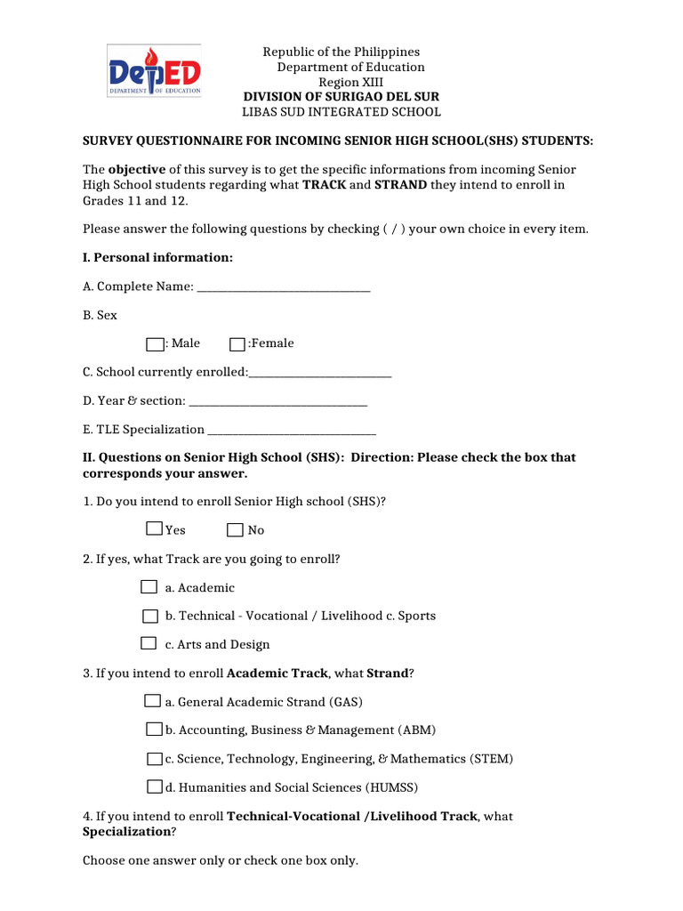 Senior High School Survey Questionnaire | PDF