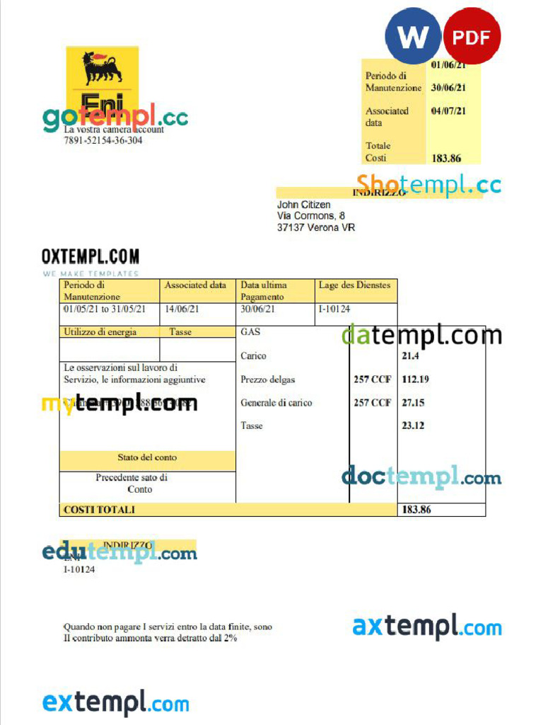Doctempl - Italy Gas Utility Bill Template in .Doc and .PDF Format ...