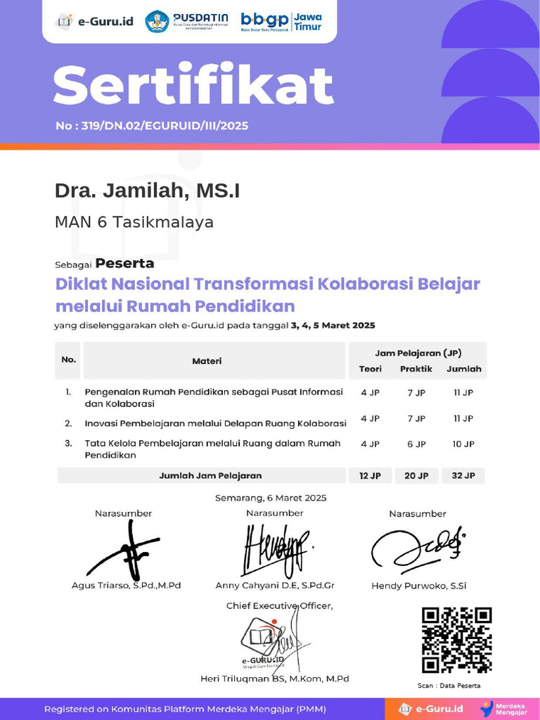 Dra. Jamilah - Sertifikat - Rumah Pendidikan | PDF