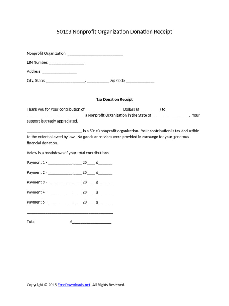 501c3 Nonprofit Organization Donation Receipt Template | PDF