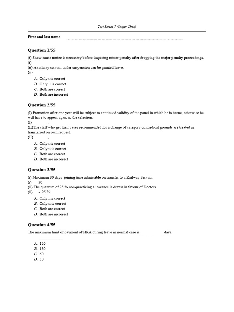 Railway Servants Test Series 7 Questions | PDF | Overtime | Expense