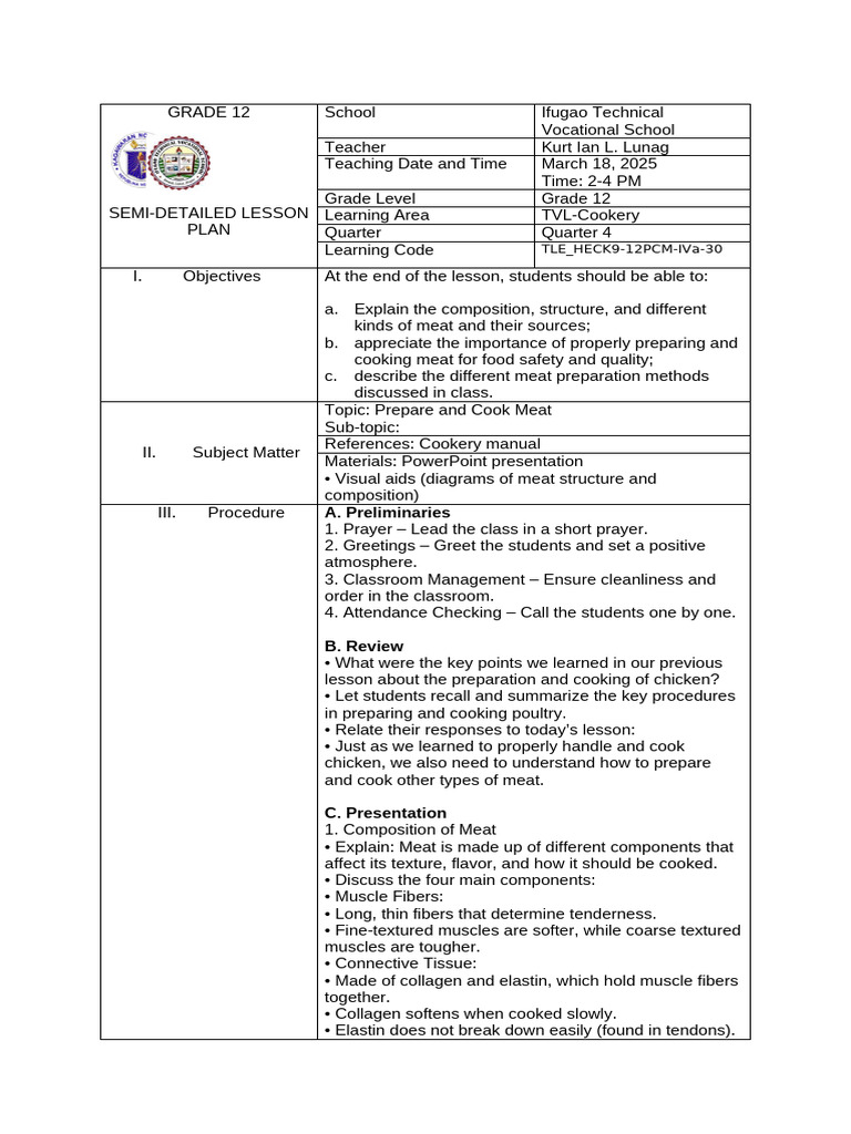 Grade 12 Meat Preparation Lesson Plan | PDF | Lamb And Mutton | Meat