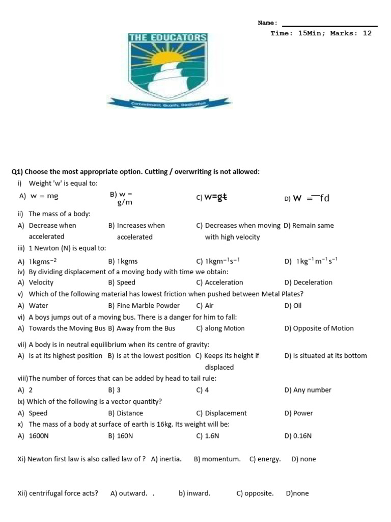 9th Grade Physics Exam Paper - Lahore | PDF | Force | Acceleration