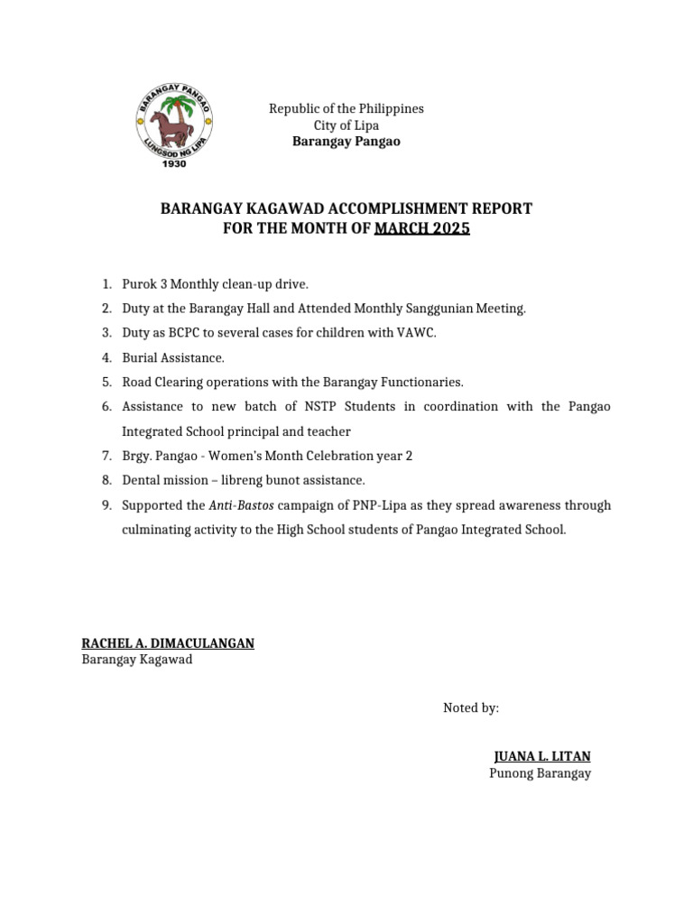 Barangay Kagawad Accomplishments March 2025 | PDF