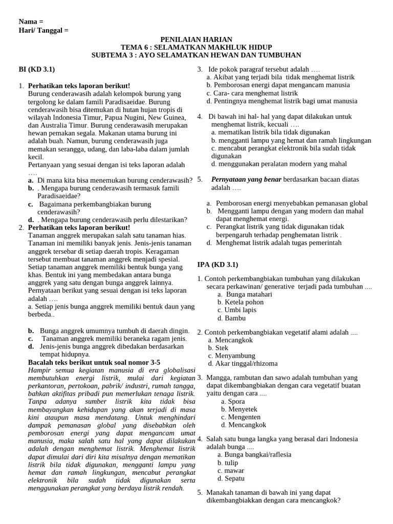 PENILAIAN HARIAN TEMA 1 ST 3 | PDF