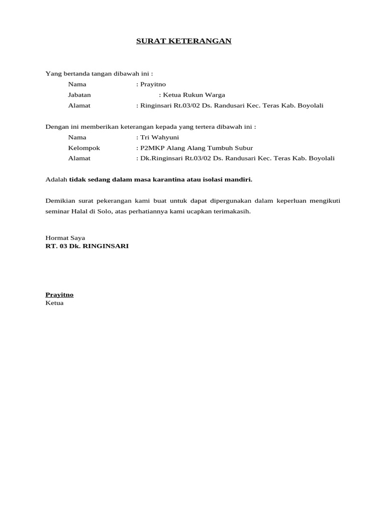 Surat Pernyataan - Karantina | PDF