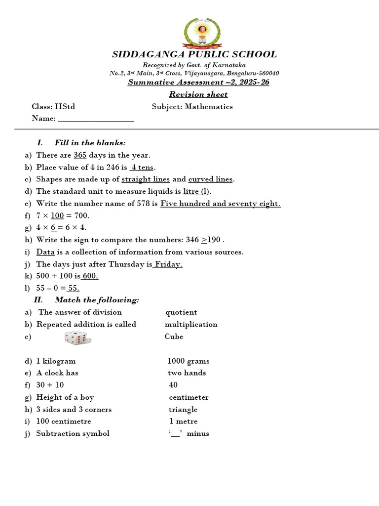 Class 2 Sa2 Revision Sheet 25-26 | PDF