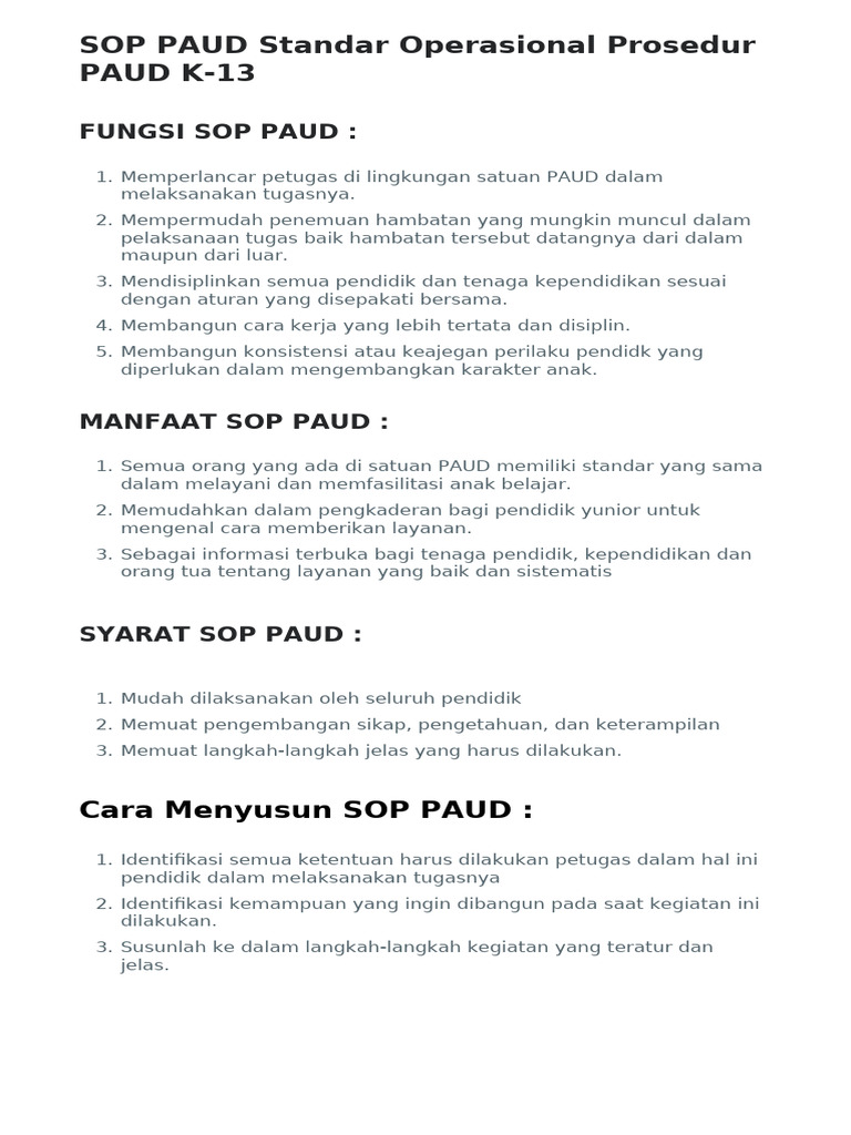 SOP PAUD Standar Operasional Prosedur PAUD K | PDF