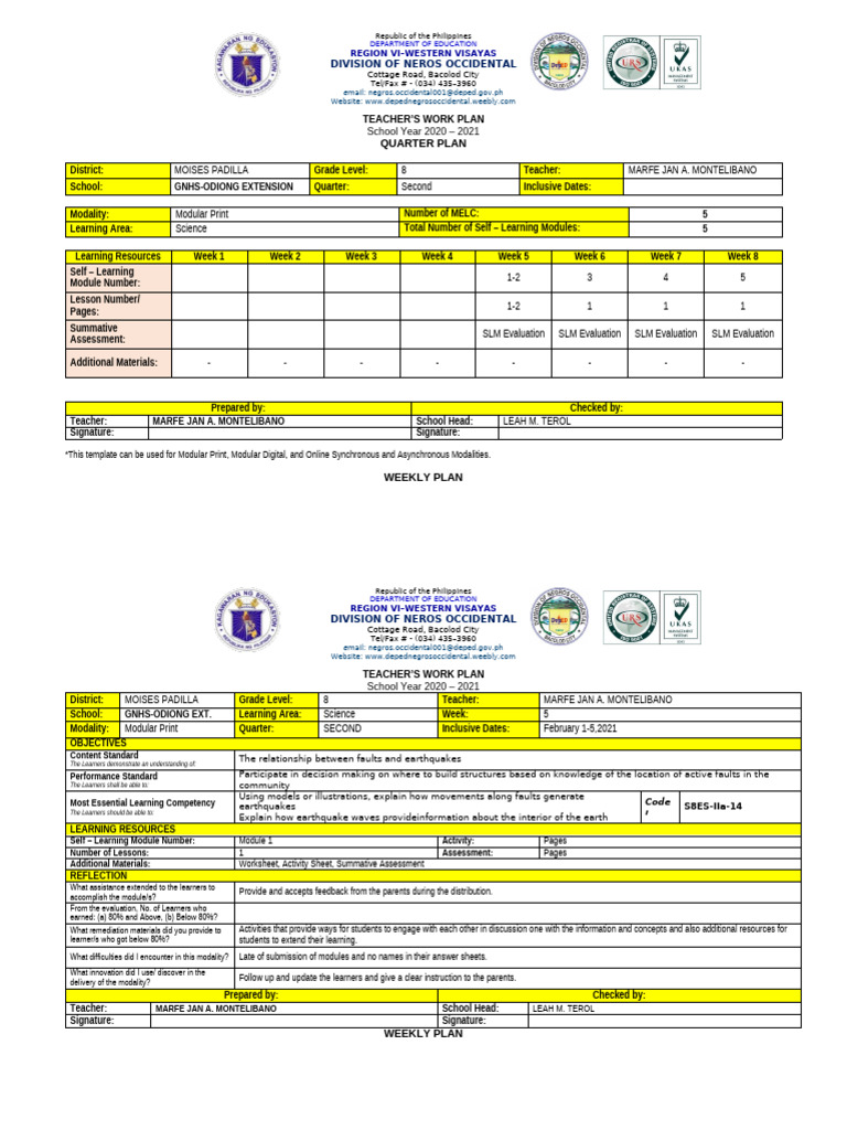 Grade 8 Science Teacher's Work Plan | PDF | Educational Assessment ...