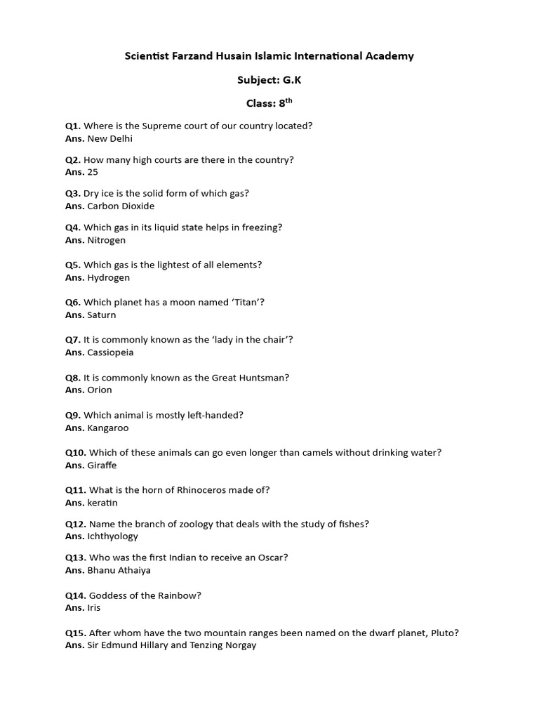 class 8 GK ques | PDF