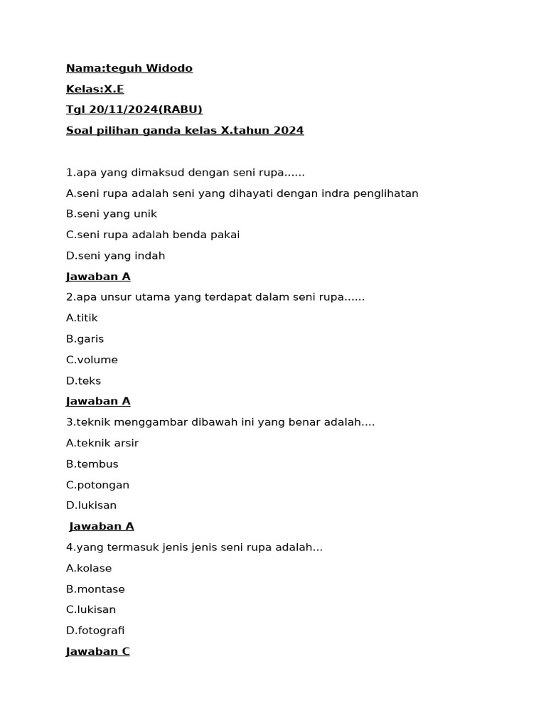 Soal Pilihan Ganda Seni Budaya Kelas X | PDF