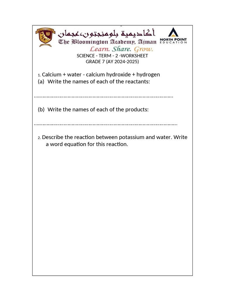 Grade 7 Science Worksheet: Reactions | PDF