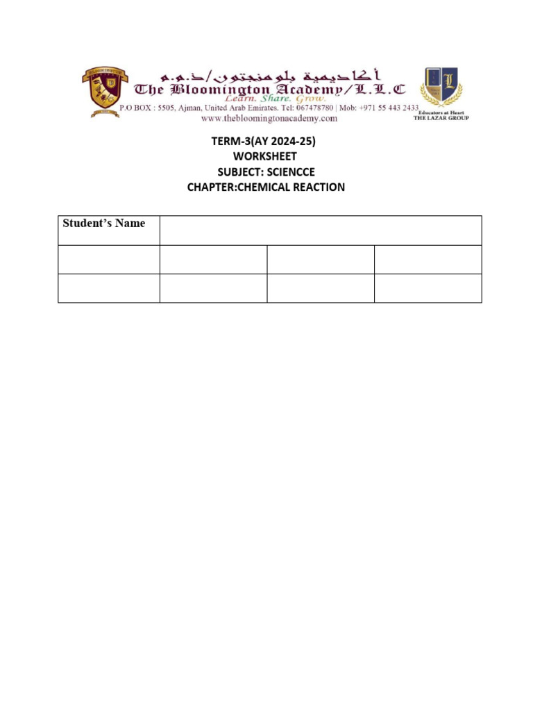 Worksheet-Chemical Reaction | PDF | Chemical Substances | Chemical ...