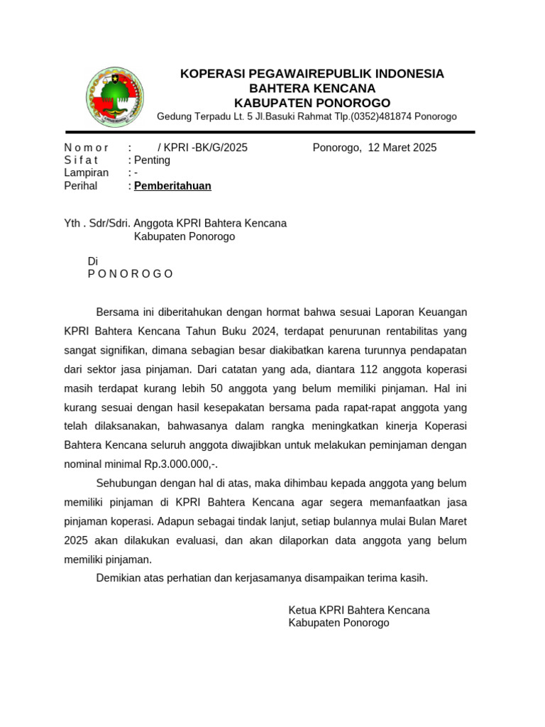 Pemberitahuan Penting KPRI Bahtera Kencana | PDF