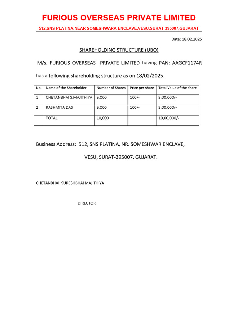 Furious Overseas Pvt Ltd Shareholding Structure | PDF
