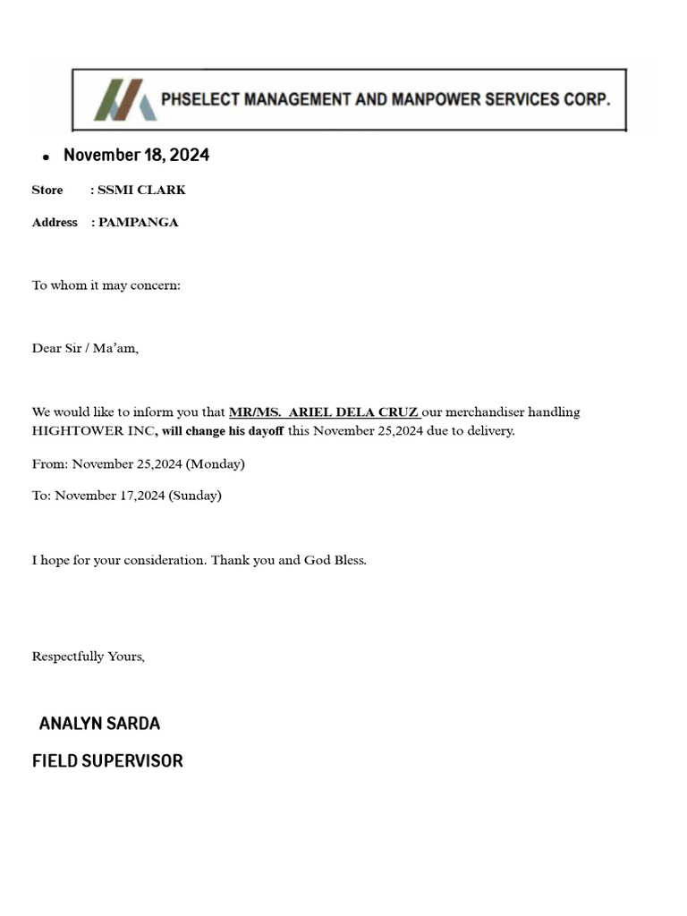 Change of Day Off Notification | PDF