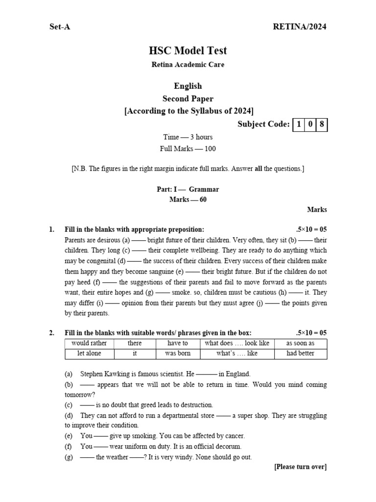 English 2nd Paper Question Set A 240705 105507 | PDF | English Language ...