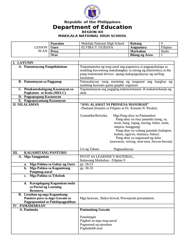 Q3 Lesson Plan (Alamat Ni Prinsesa Manorah) | PDF