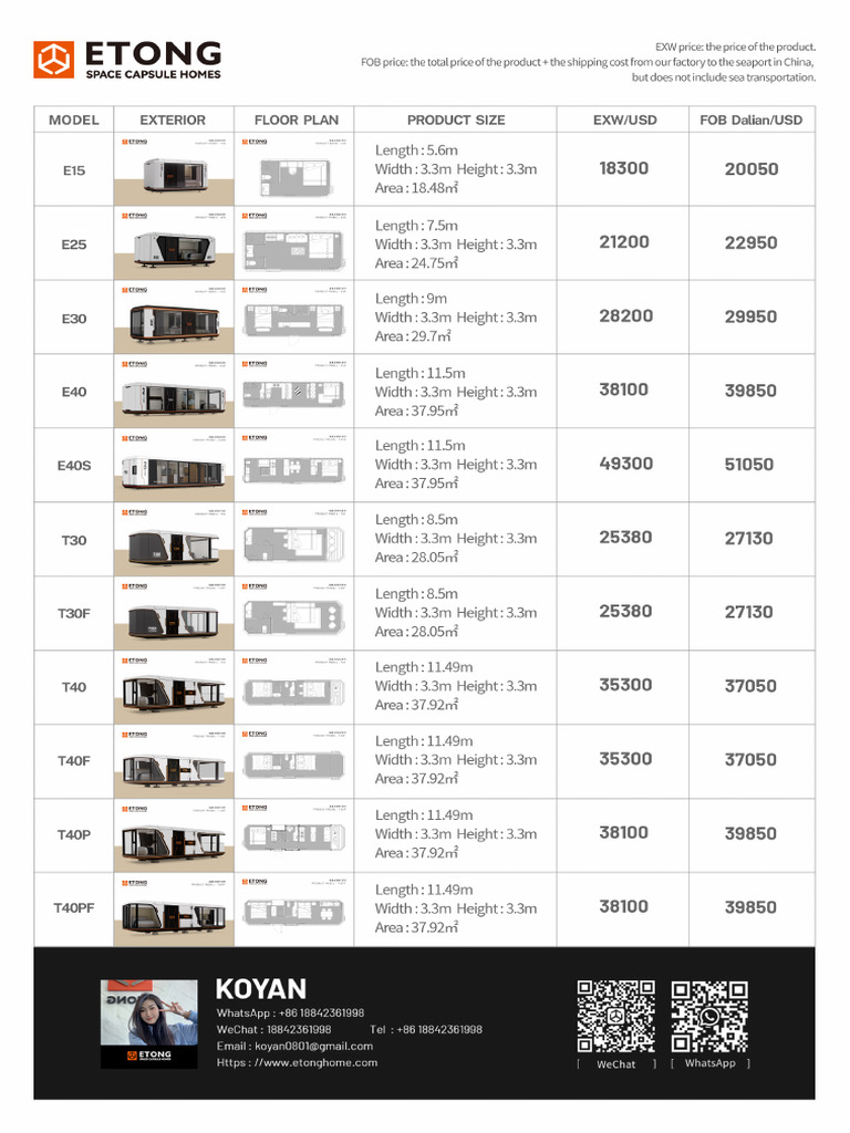 (Price List) ETONG Space Capsule Homes 20240807 | PDF