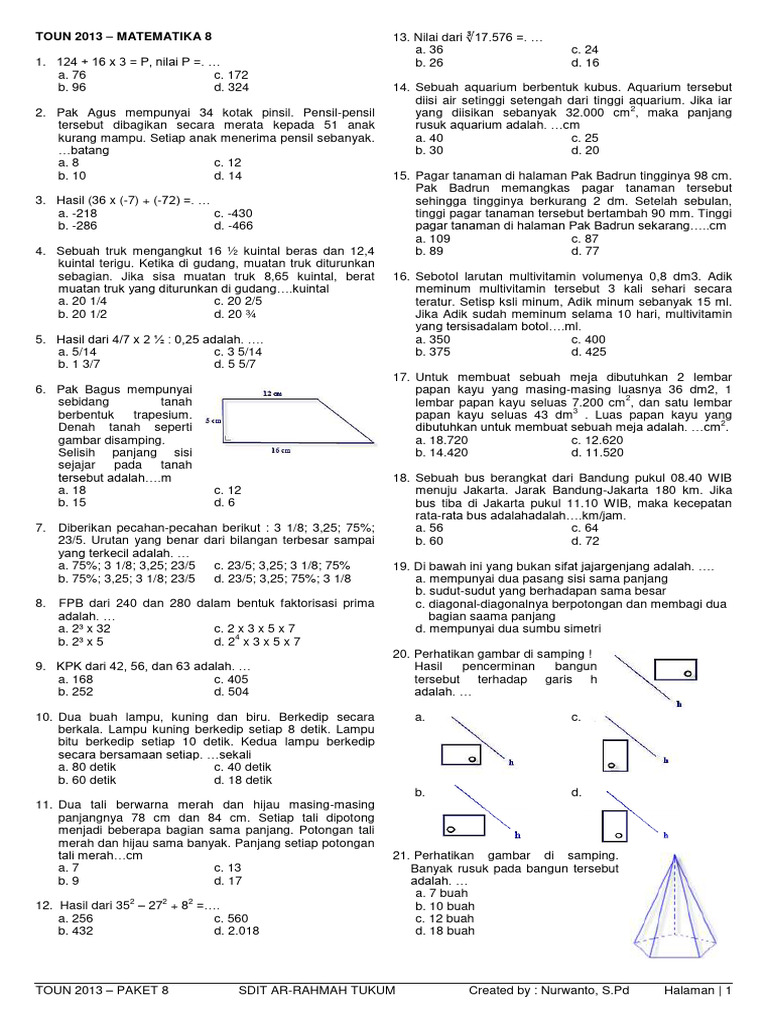 Tryout Matematika 8 | PDF