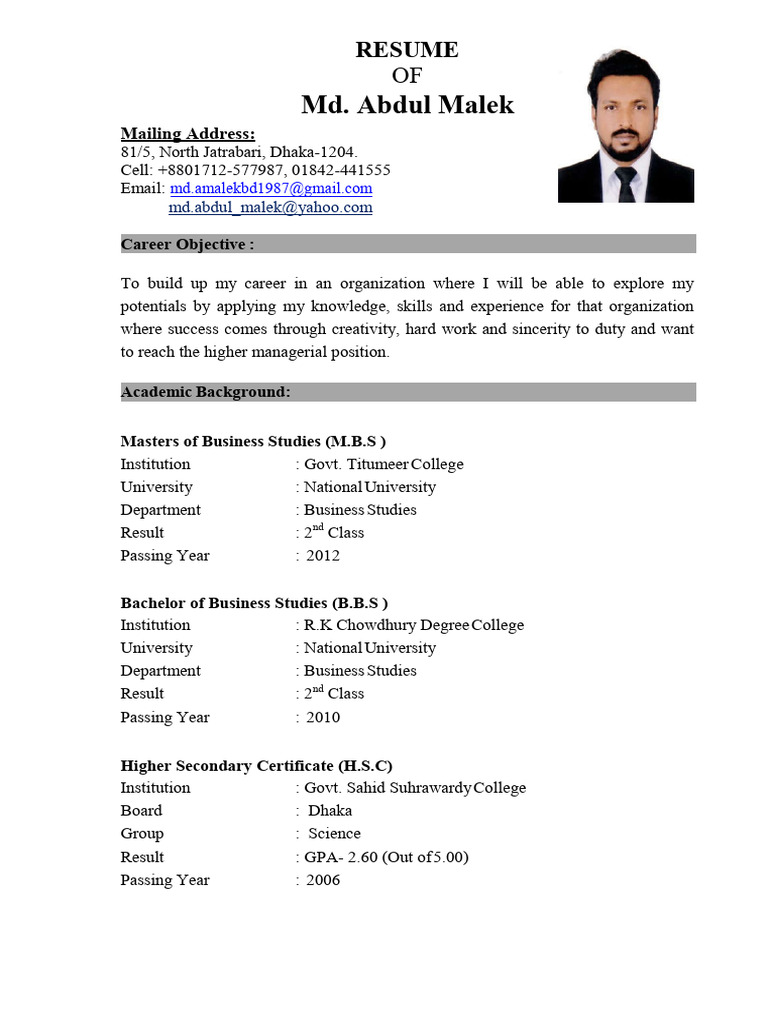 MD Abdul Malek - CV | PDF