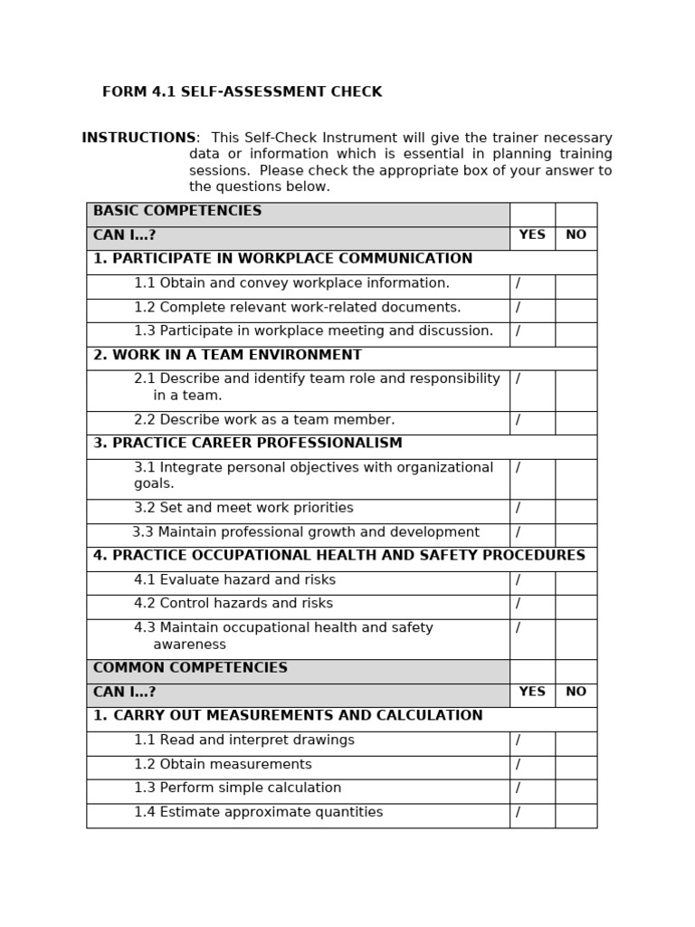 SELF ASSESSMENT CHECKLIST Orig | PDF | Clothing | Occupational Safety And Health