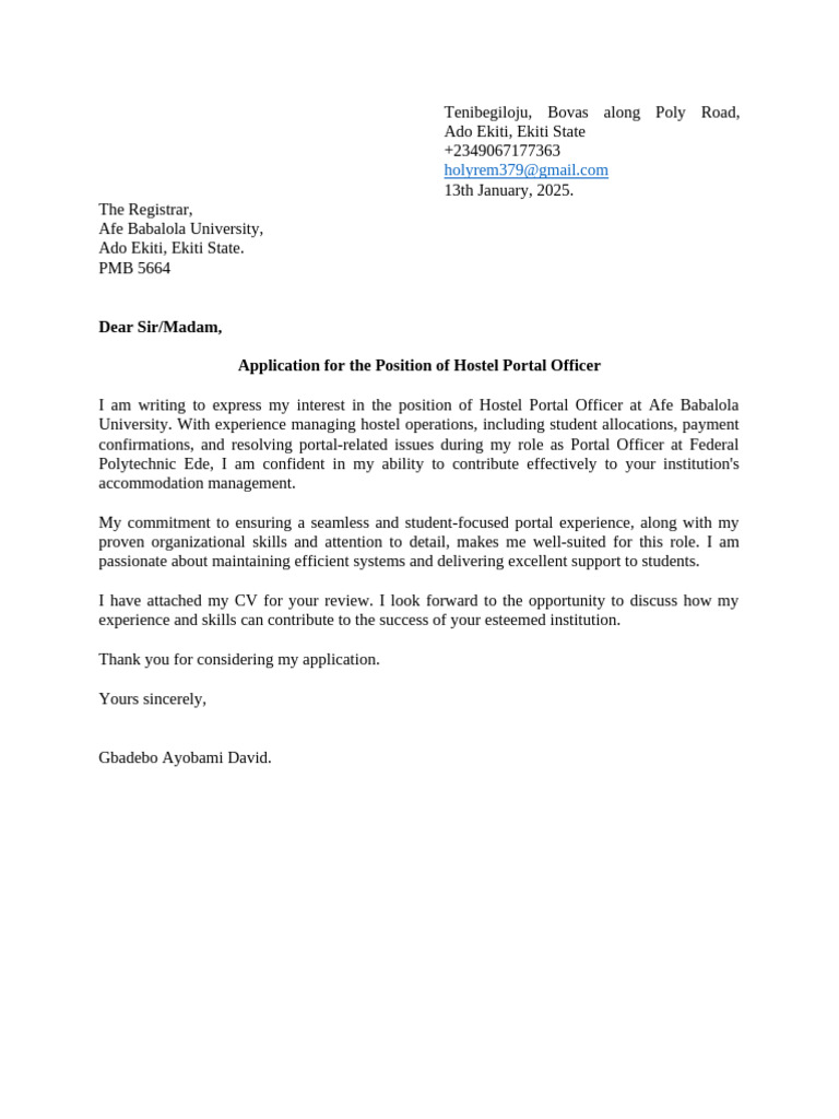 Gbadebo Ayobami David APPLICATI | PDF