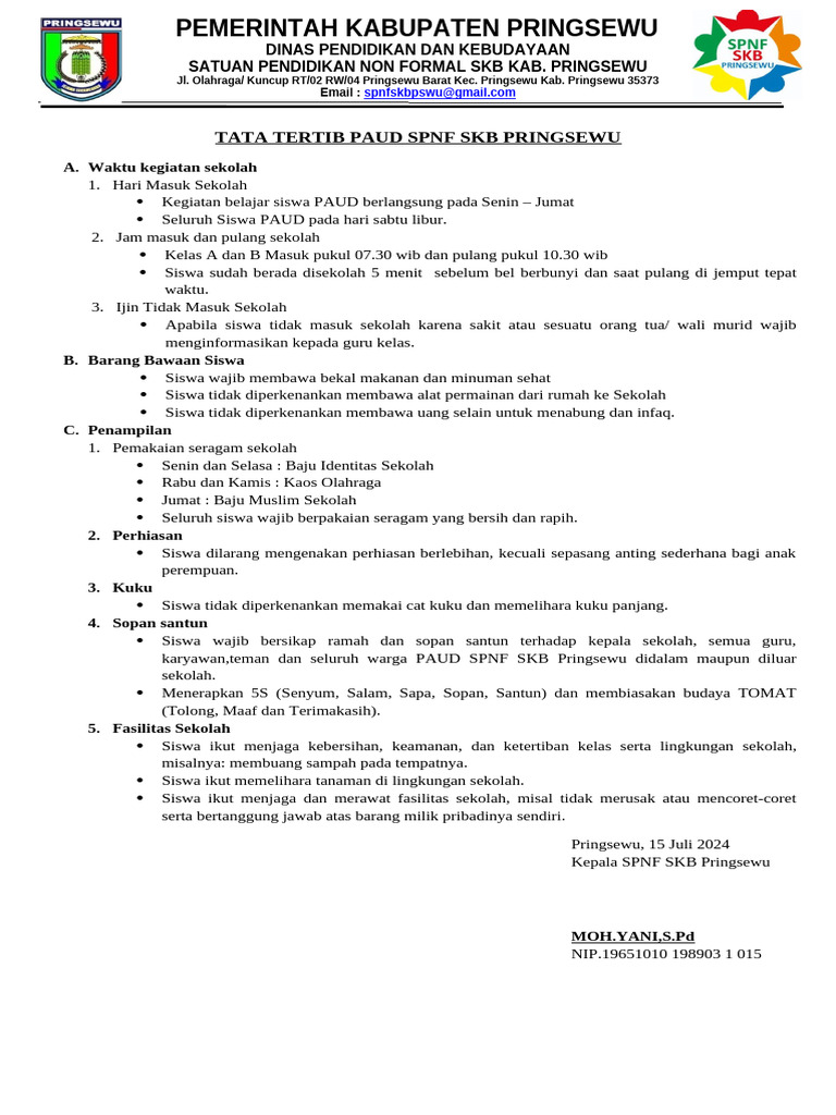 Tata Tertib PAUD SPNF SKB Pringsewu | PDF