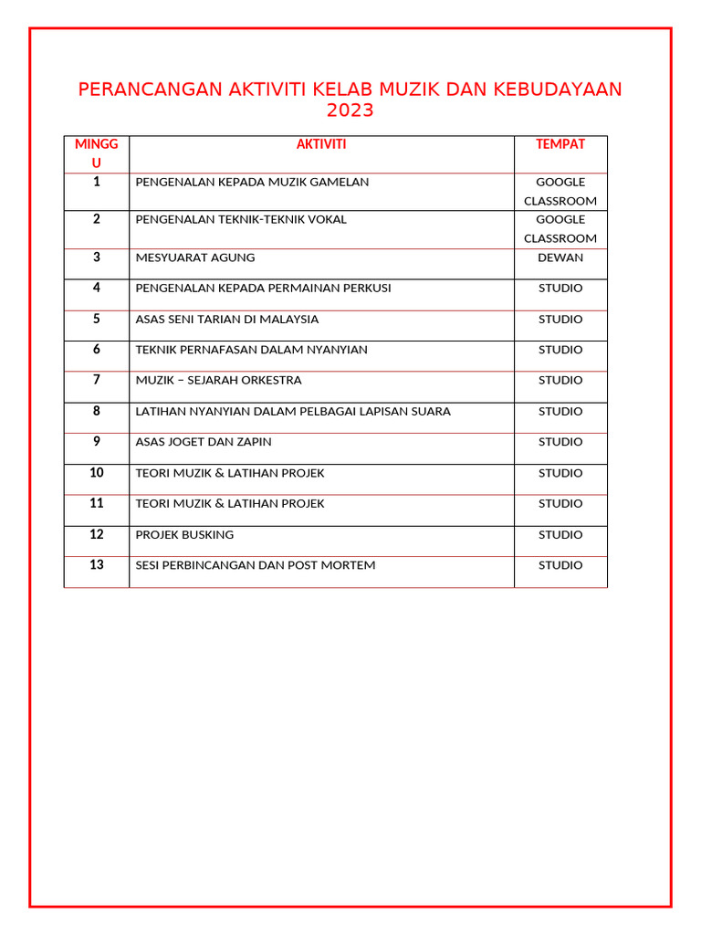 Perancangan Aktiviti Kelab Muzik Dan Kebudayaan 2023 | PDF