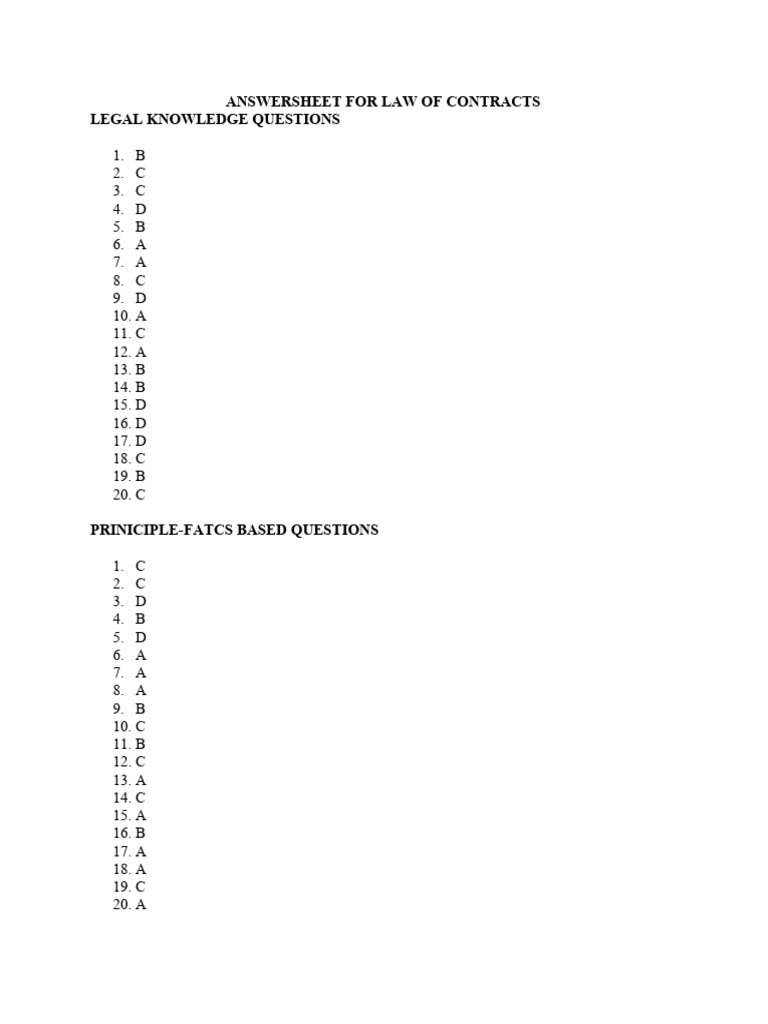 Answersheet For Law of Contracts | PDF