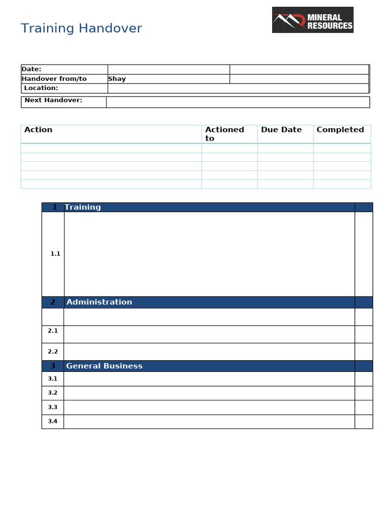 Training Handover Checklist | PDF
