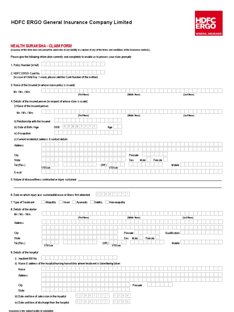 Health Suraksha Claim Form | PDF | Invoice | Patient