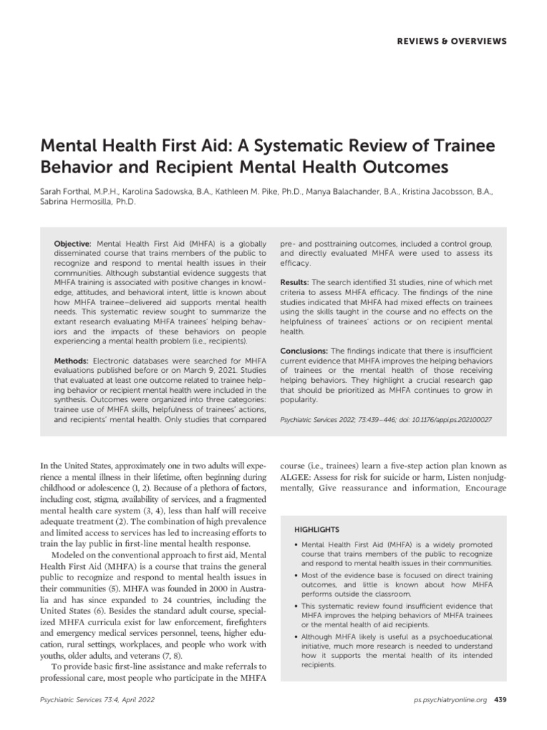 Forthal Et Al 2021 Mental Health First Aid A Systematic Review of Trainee Behavior and Recipient ...