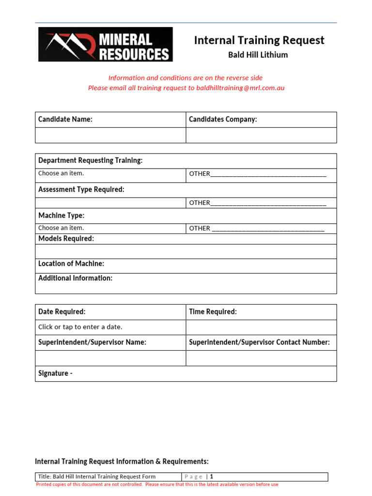 Bald Hill - Internal Training Request | PDF