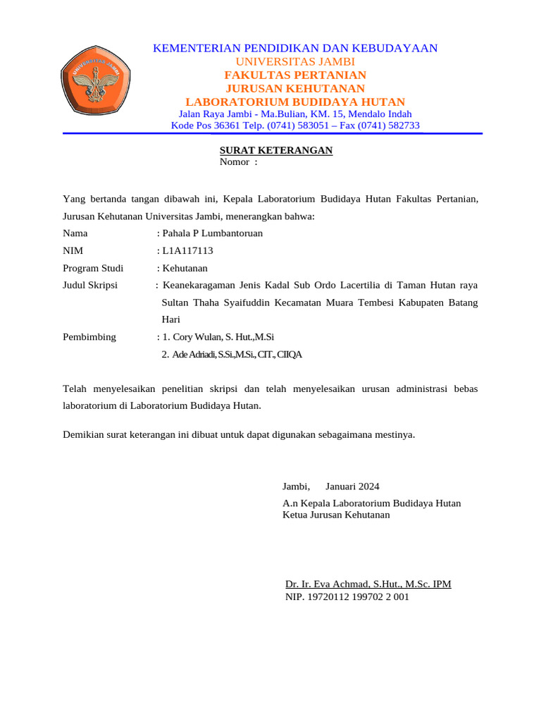 SURAT BEBAS LAB Silvikultur - Pahala | PDF