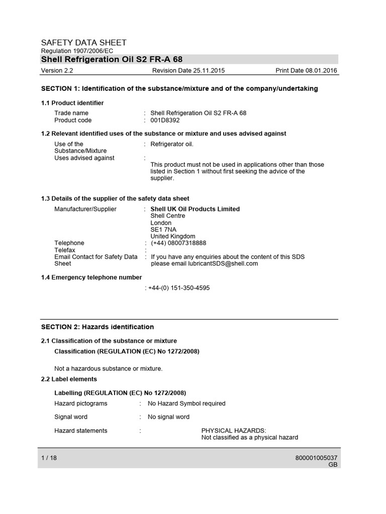 Shell Refrigeration Oil S2 FR-A 68 SDS | PDF | Toxicity | Dangerous Goods