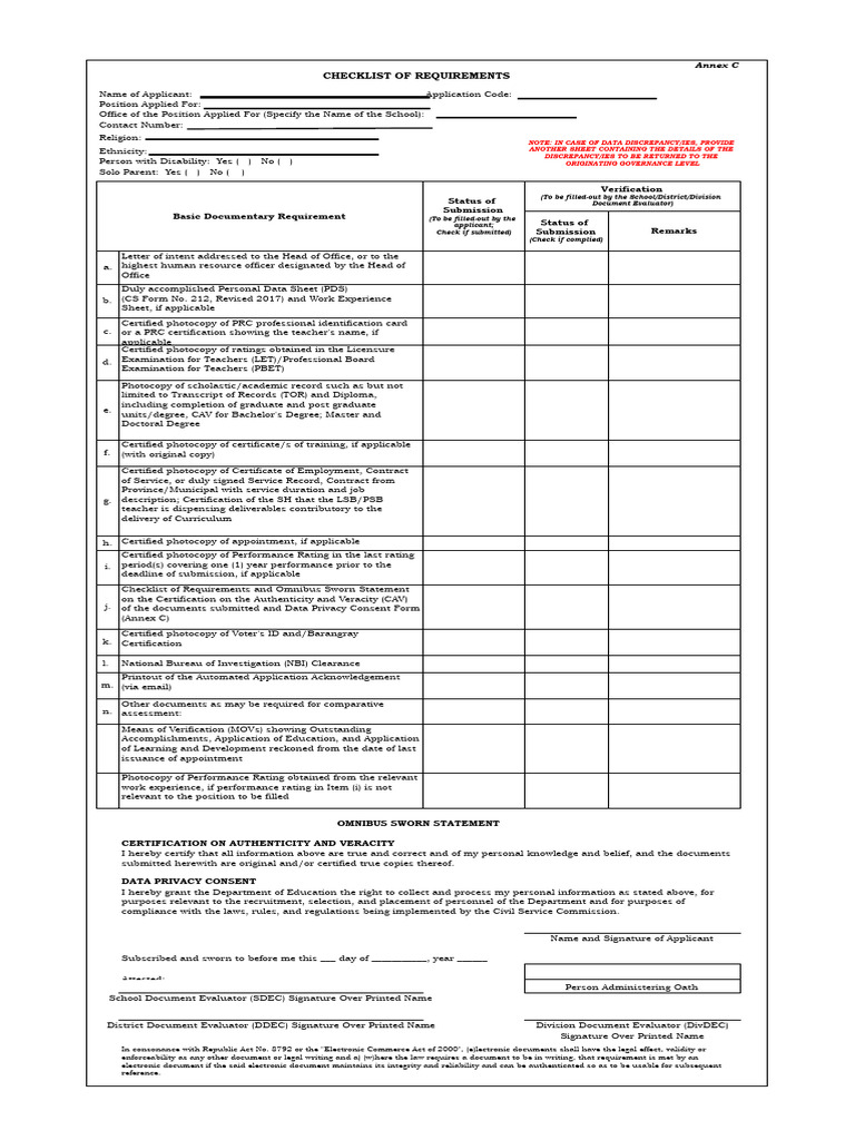 Checklist of Requirements - XLSX - Annex C SDEC Revised For Rollou ...