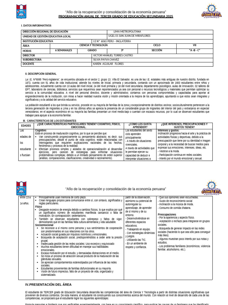Programación Anual de 3ro Cyt 2025 | PDF | Aprendizaje | Experimentar