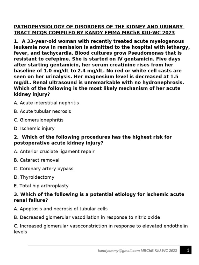 PATHOPHYSIOLOGY OF DISORDERS OF THE KIDNEY AND URINARY TRACT MCQS COMPILED BY KANDY EMMA MBCHB ...