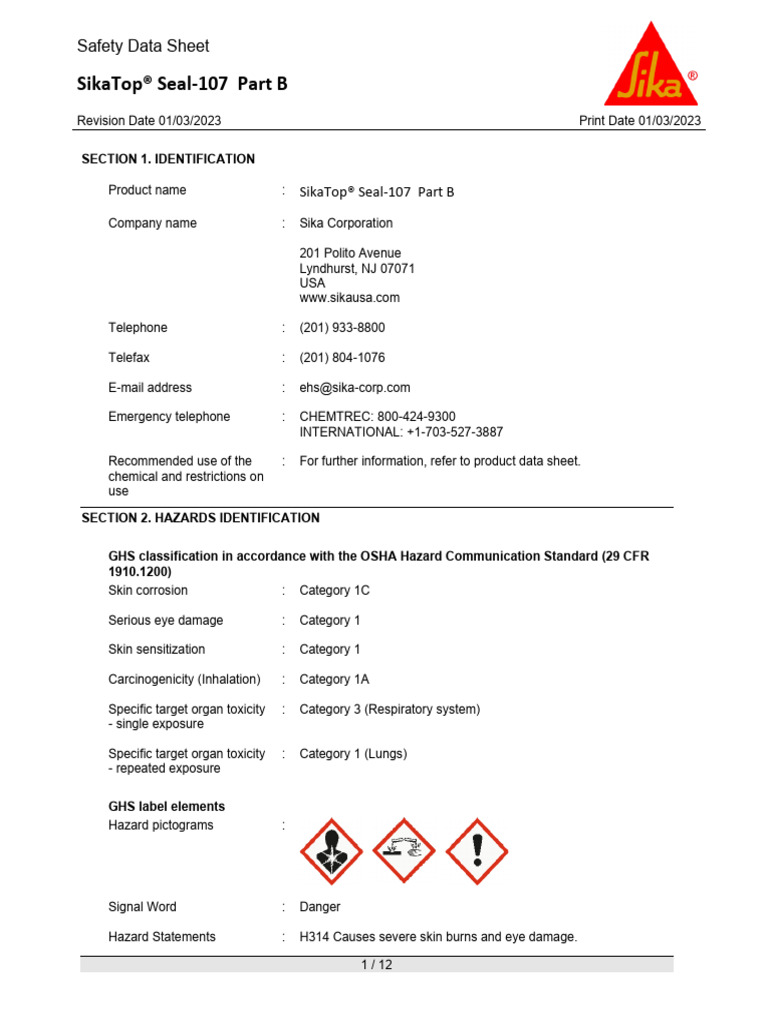 MSDS SikaTop-Seal-107-Part-B | PDF | Silicon Dioxide | Working Conditions