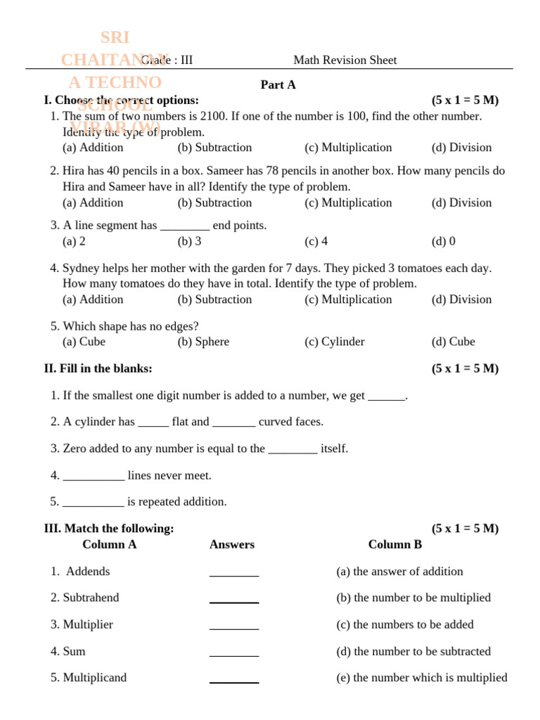 Grade 3 Math Revision Worksheet | PDF | Subtraction | Mathematics