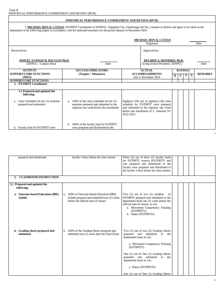 Ipcr Accomplishment July To December 2024 | PDF
