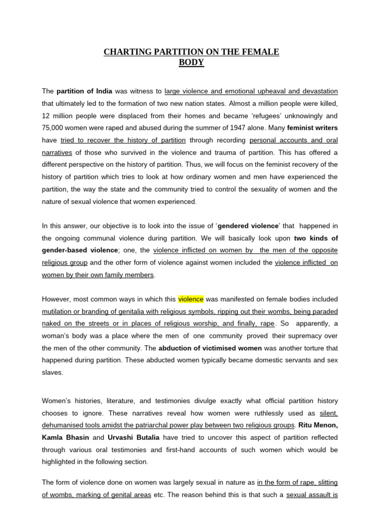 Charting Partition On The Female Body | PDF | Partition Of India | Woman