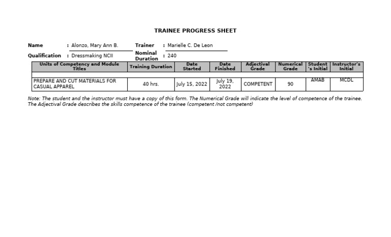 7 TRAINEE PROGRESS SHEET ORIG | PDF