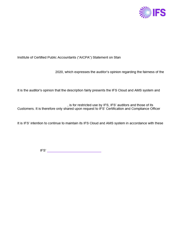 IFS SOC 1 Type 1 Audit Summary | PDF