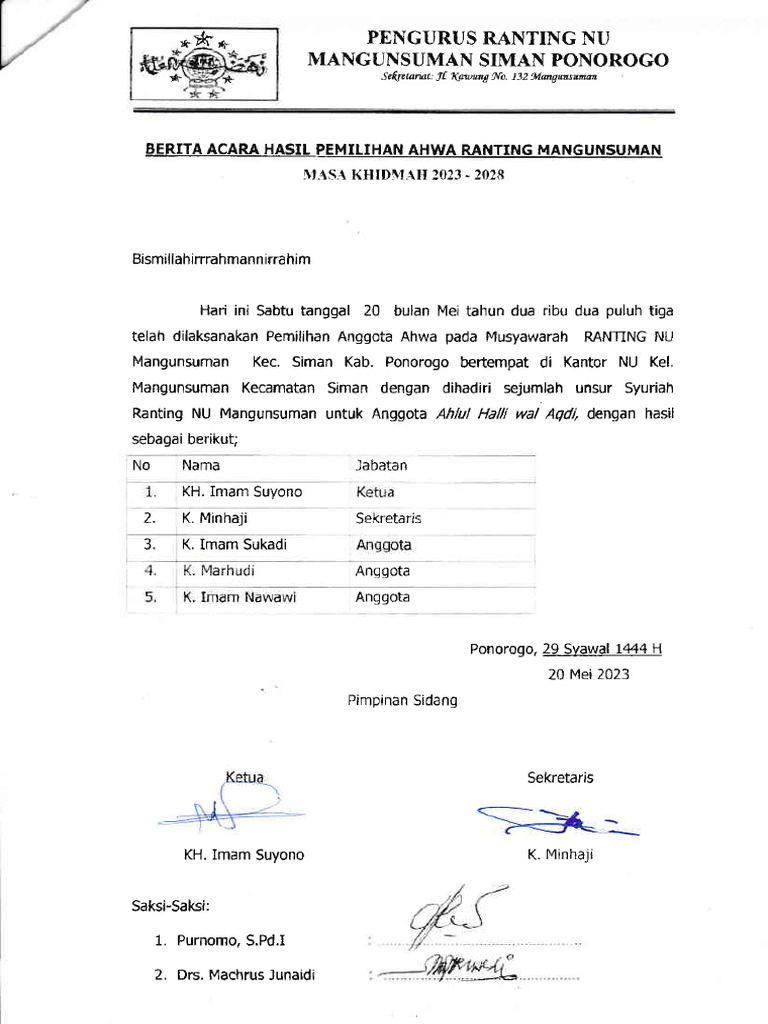 Hasil Pemilihan Anggota Ahwa NU Mangunsuman | PDF