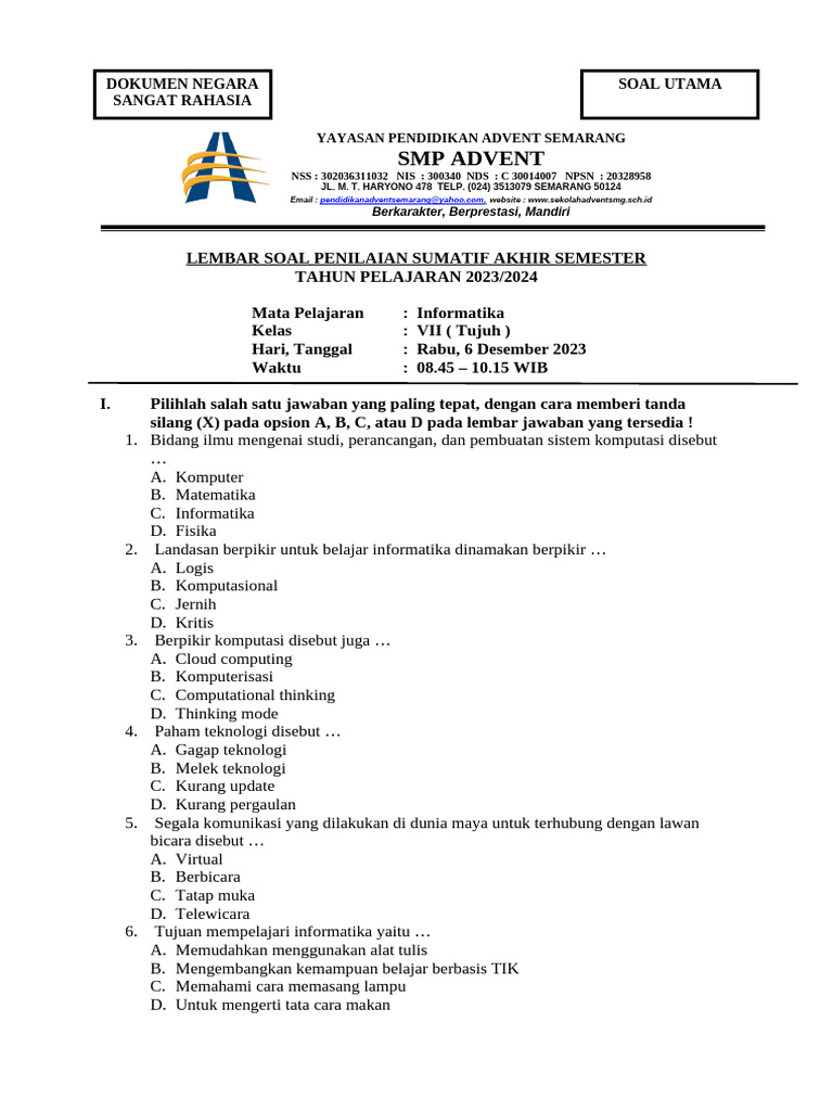 SOAL SAS SMP Kelas VII Informatika | PDF